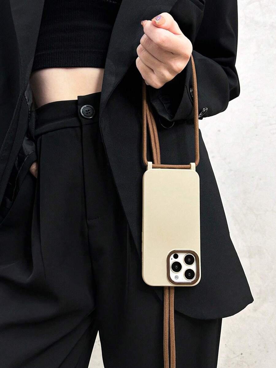 1pc Beige Lens Rim Lanyard Double Hoop TPU Phone Case Compatible With ...