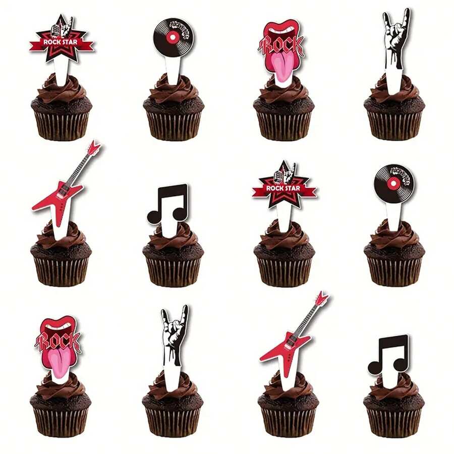 12Pcs Rock and Roll Cupcake Topper Musical Themed Guitar Cake Topper ...
