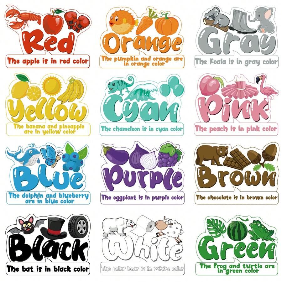 12Pcs Early Education Color Posters Color Recognition Sorting Set Color ...