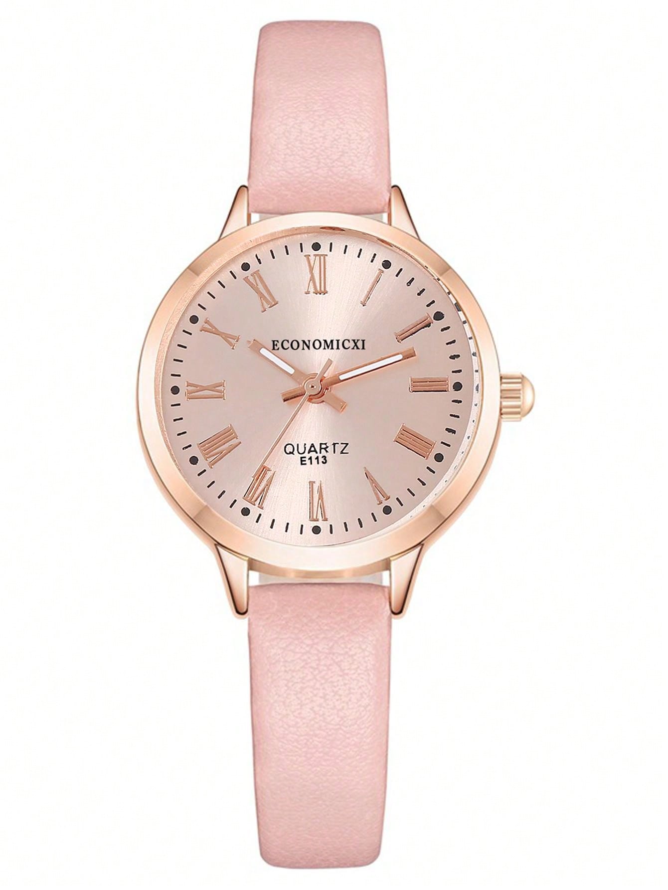 Pink Round Shape Quartz Watch For Girls With Roman Numerals And Analog ...