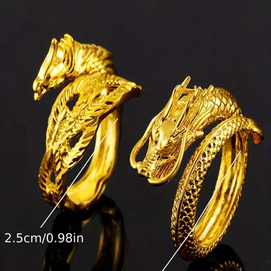 Gold-color Dragon Phoenix Couple Rings, Open-end Adjustable Ring Band ...