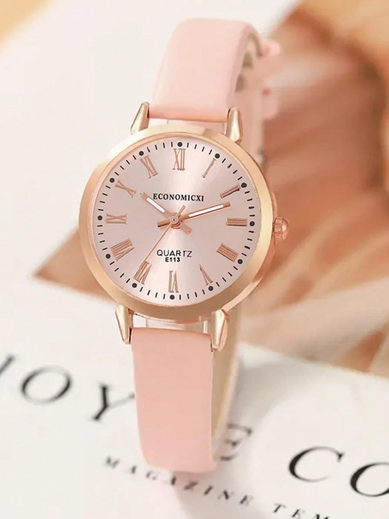 Pink Round Shape Quartz Watch For Girls With Roman Numerals And Analog ...