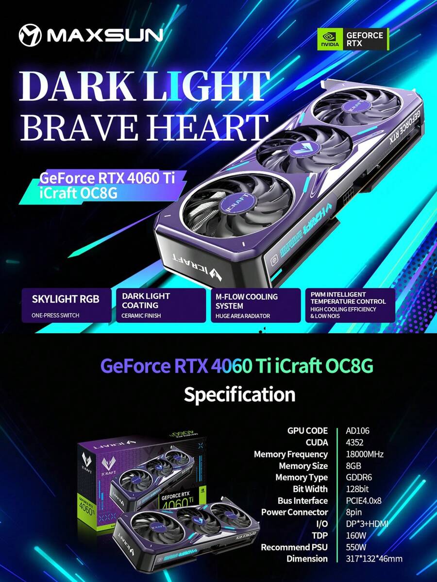 MAXSUN Graphics Card RTX 4060TI ICraft OC8G GDDR6 GPU 128bit PCI ...