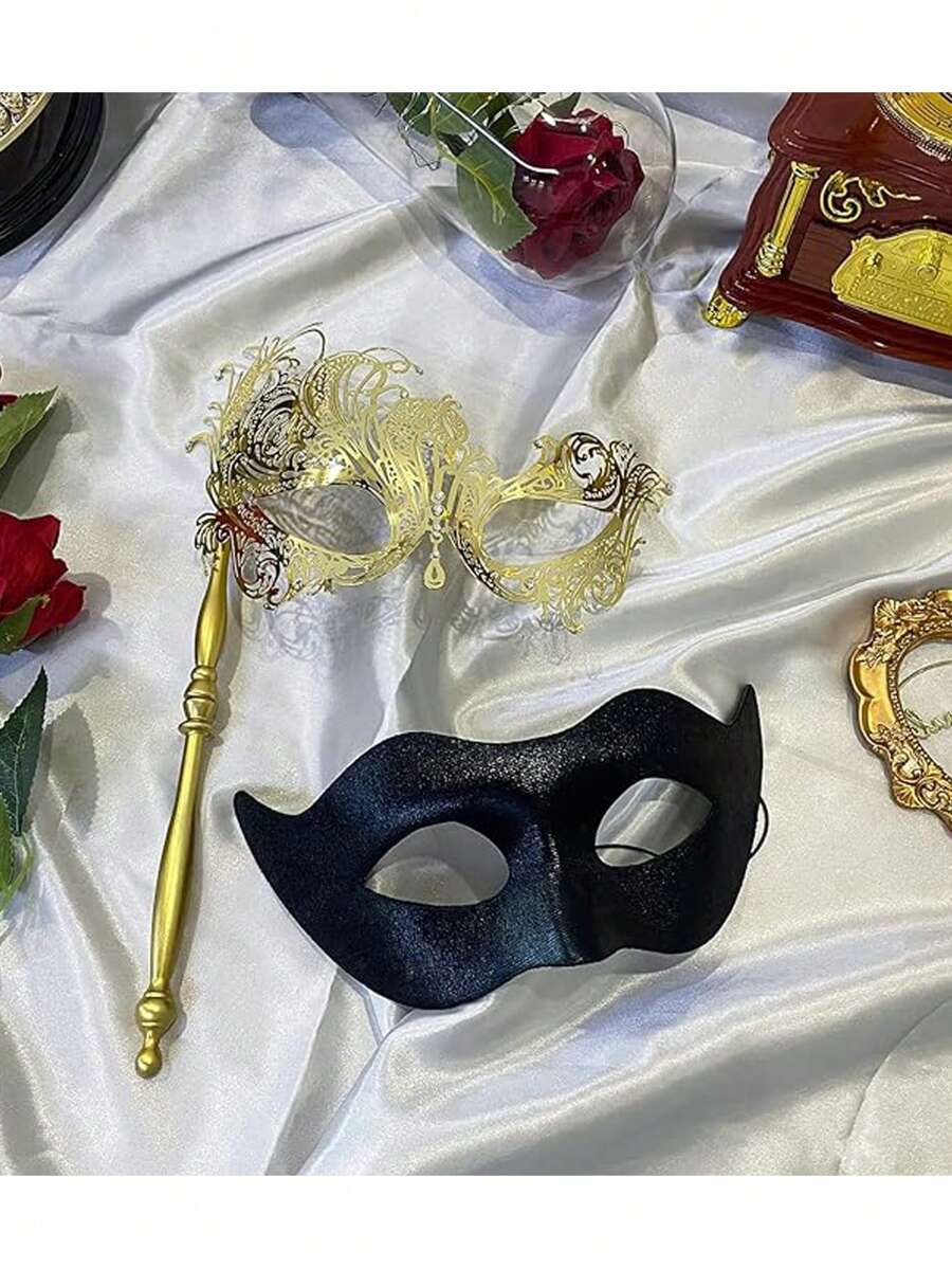Couple's Party Mask With Fixed Rods Metal Mask Venetian Party Costume ...