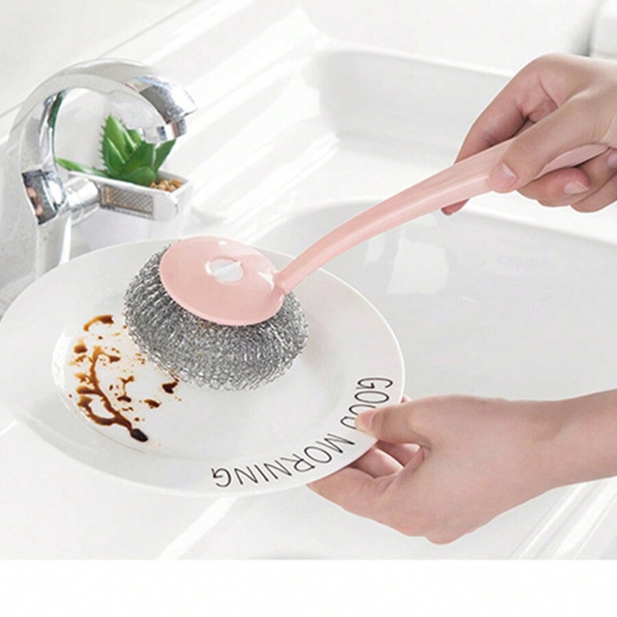 Stainless Steel Wire Ball Pot Cleaner With Long Handle, Non-scratch And ...