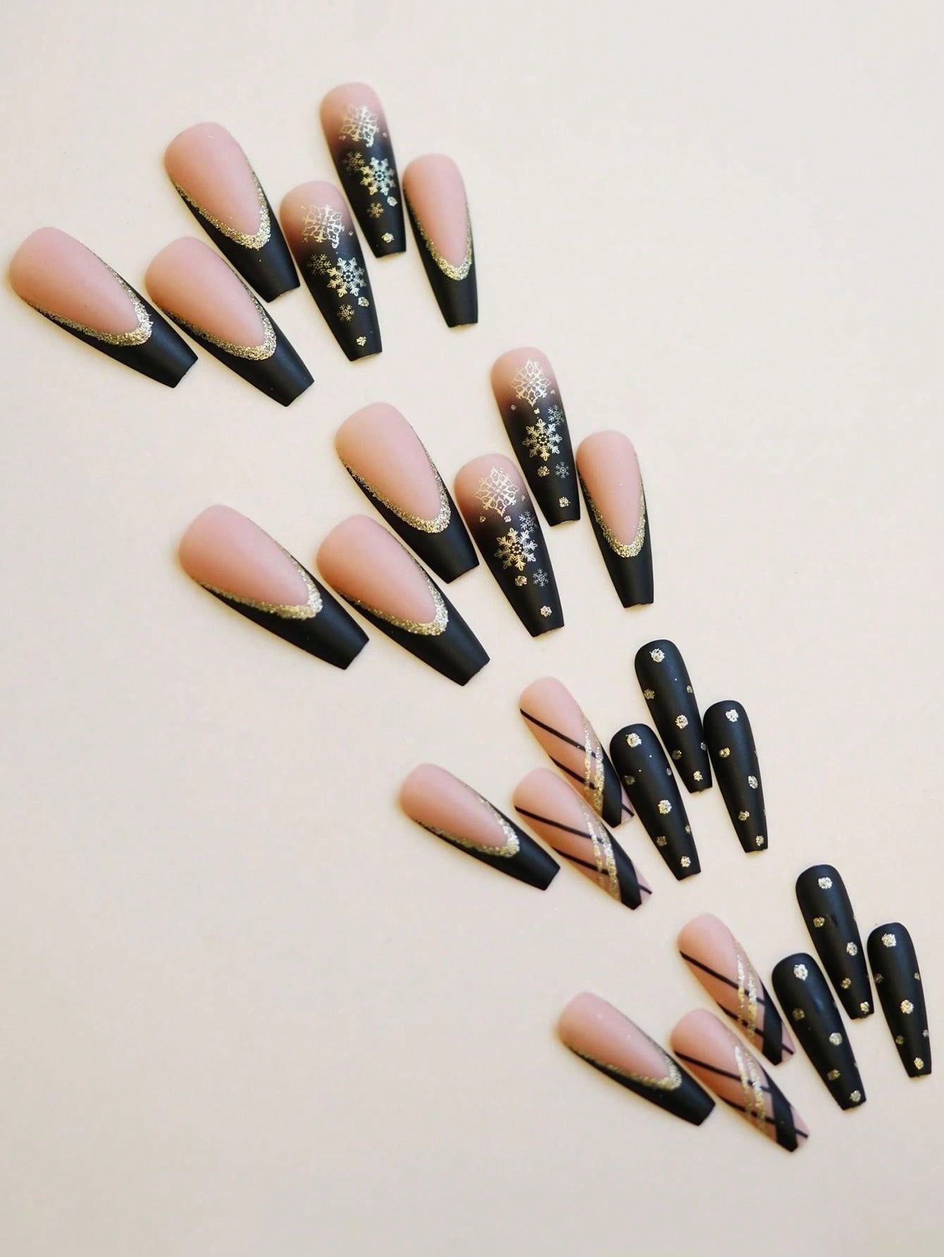 24pcs Coffin-shaped Long False Nails With Black Matte French & Golden ...
