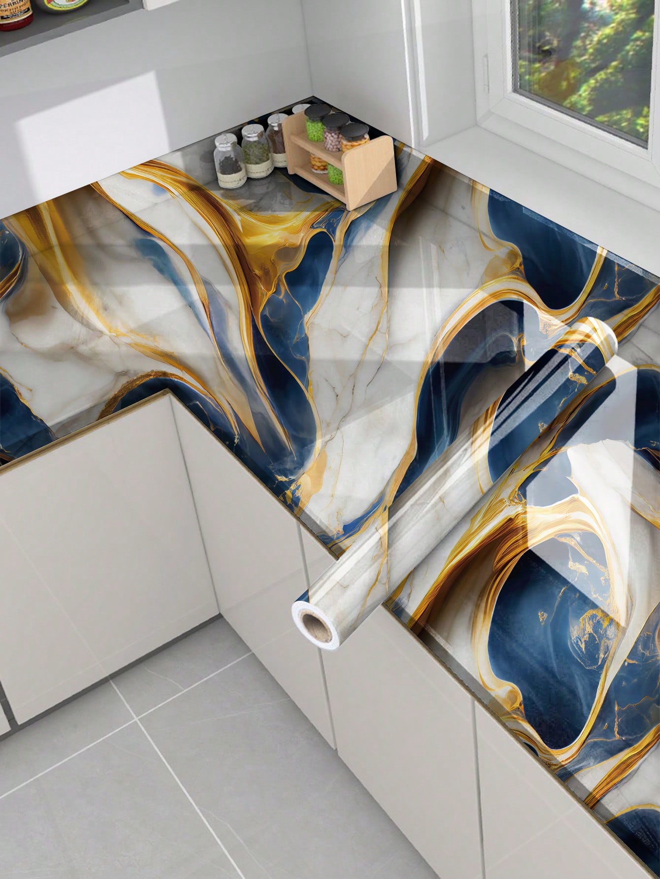 1pc Dark Blue And Gold Marbling Waterproof And Oil Proof Pvc Self ...