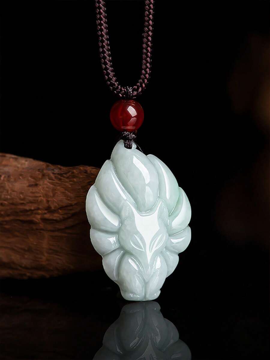 1pc Natural Grade A Jade Nine-Tailed Fox Pendant With Rope Necklace For ...