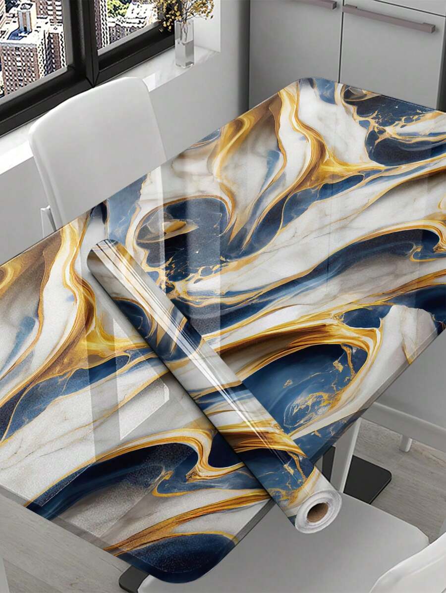 1pc Dark Blue And Gold Marbling Waterproof And Oil Proof Pvc Self ...