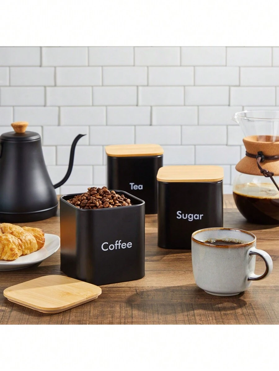 JUVALE Coffee Tea Sugar Container Set - Black Stainless Steel Kitchen ...