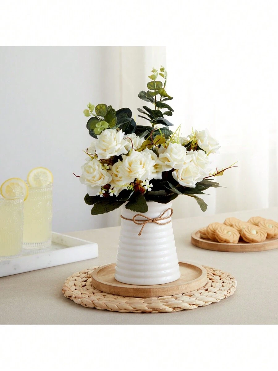 JUVALE White Roses Flower Vase, Silk Artificial Flowers Arrangement ...