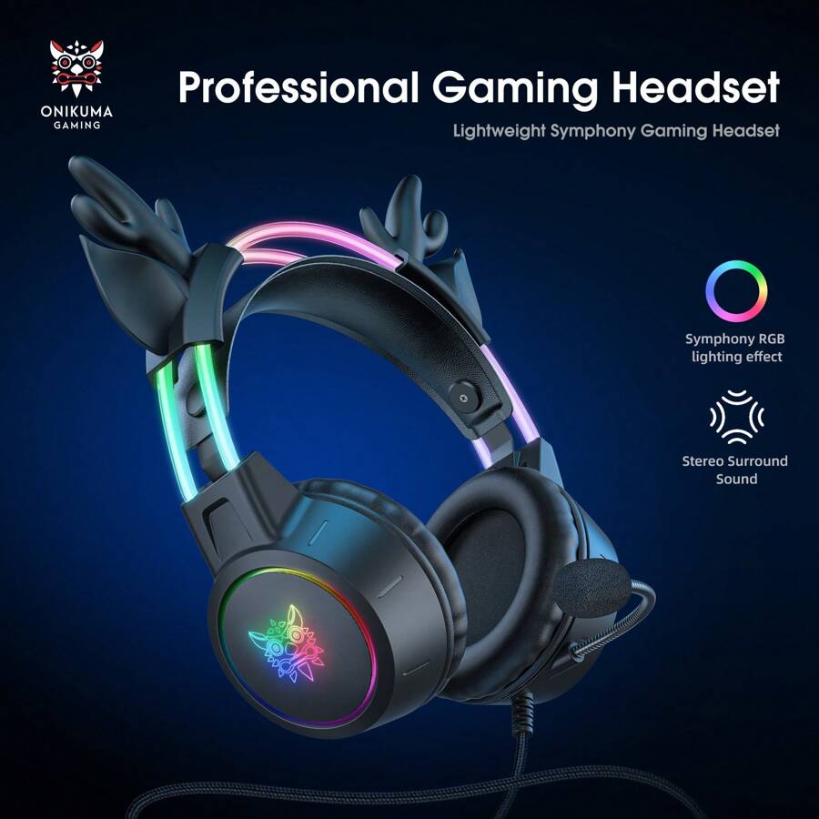 אוזניות גיימינג Onikuma עם אור Rgb גמיש ביטול רעשים מיקרופון חוטי 3d