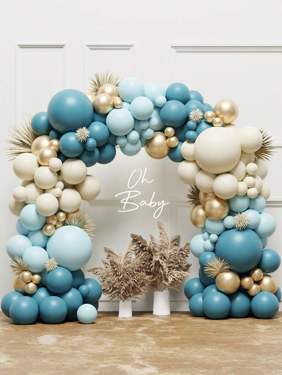 131pcs/set Dusty Baby Blue Balloons Balloon Arch Garland Kit, Fog Blue Sand White Metallic Gold ...