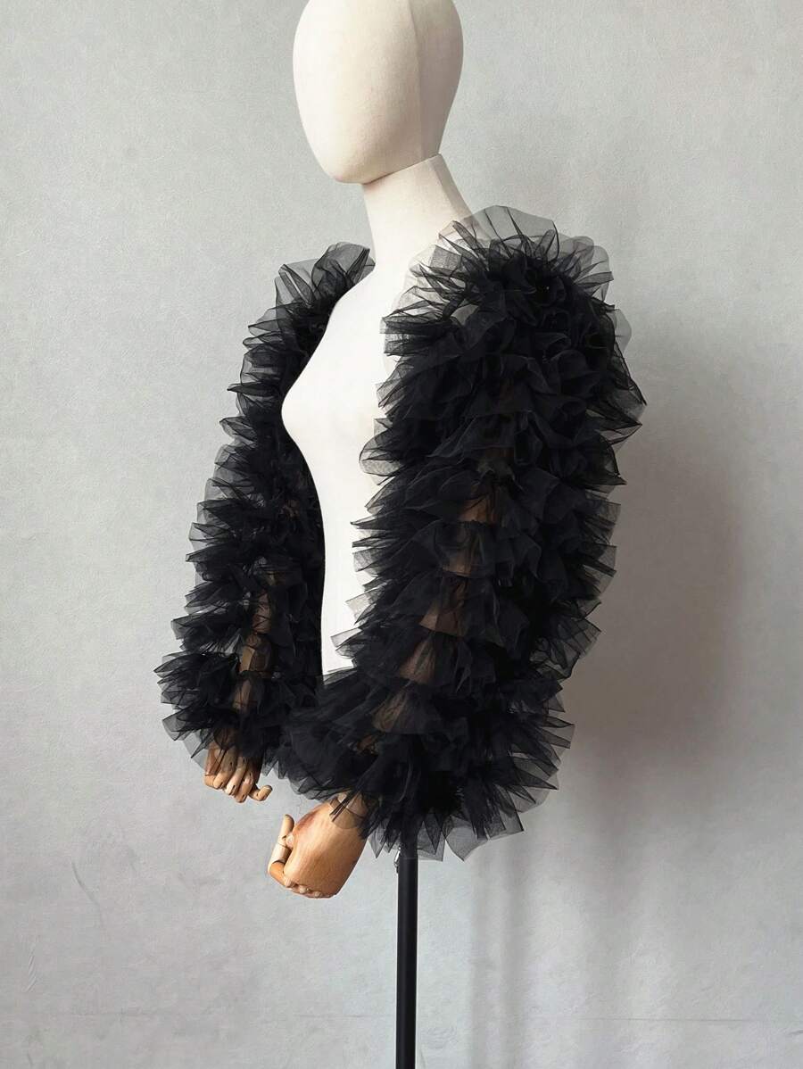 1pc Black Sheer Mesh Puff Sleeve With Ruffles And Bubble Sleeves 2pcs ...