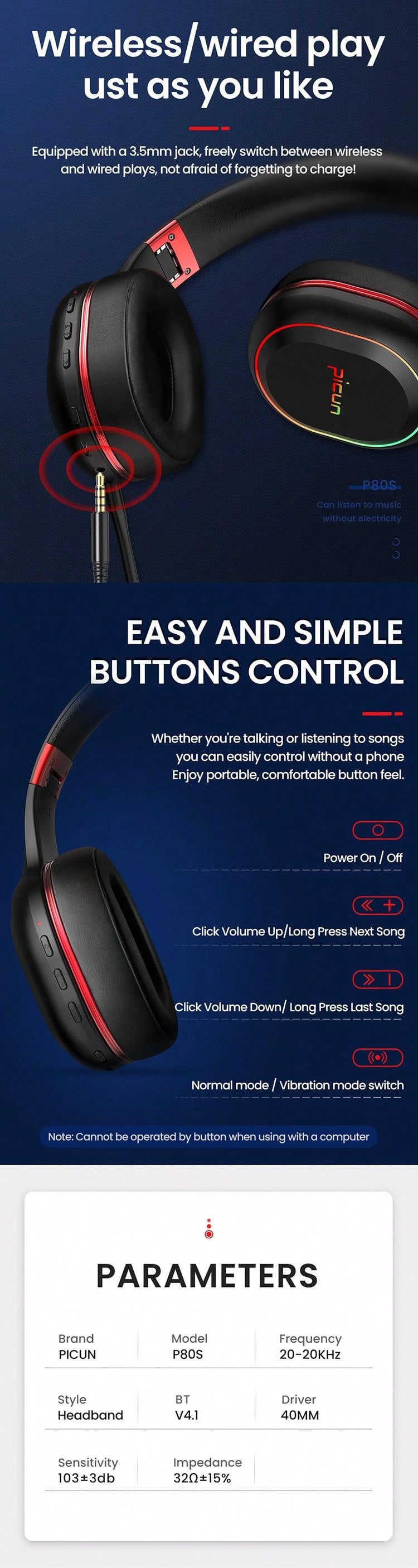 Picun P80X Wireless Gaming Headset For PC, Laptop,Switch, Dynamic EQ Ultra-Low Latency Gaming ...