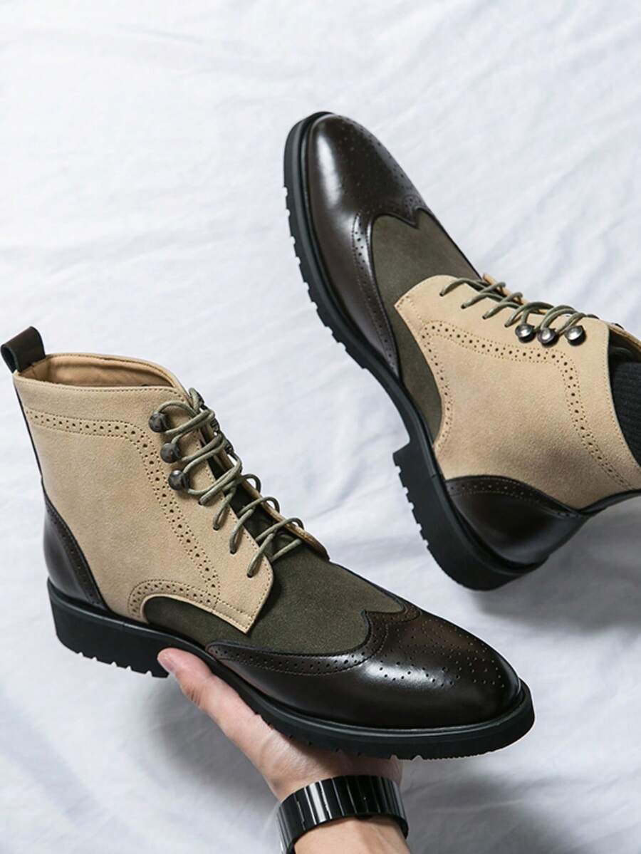 Men's British Style High-top Leather Boots With Colorblock Design ...