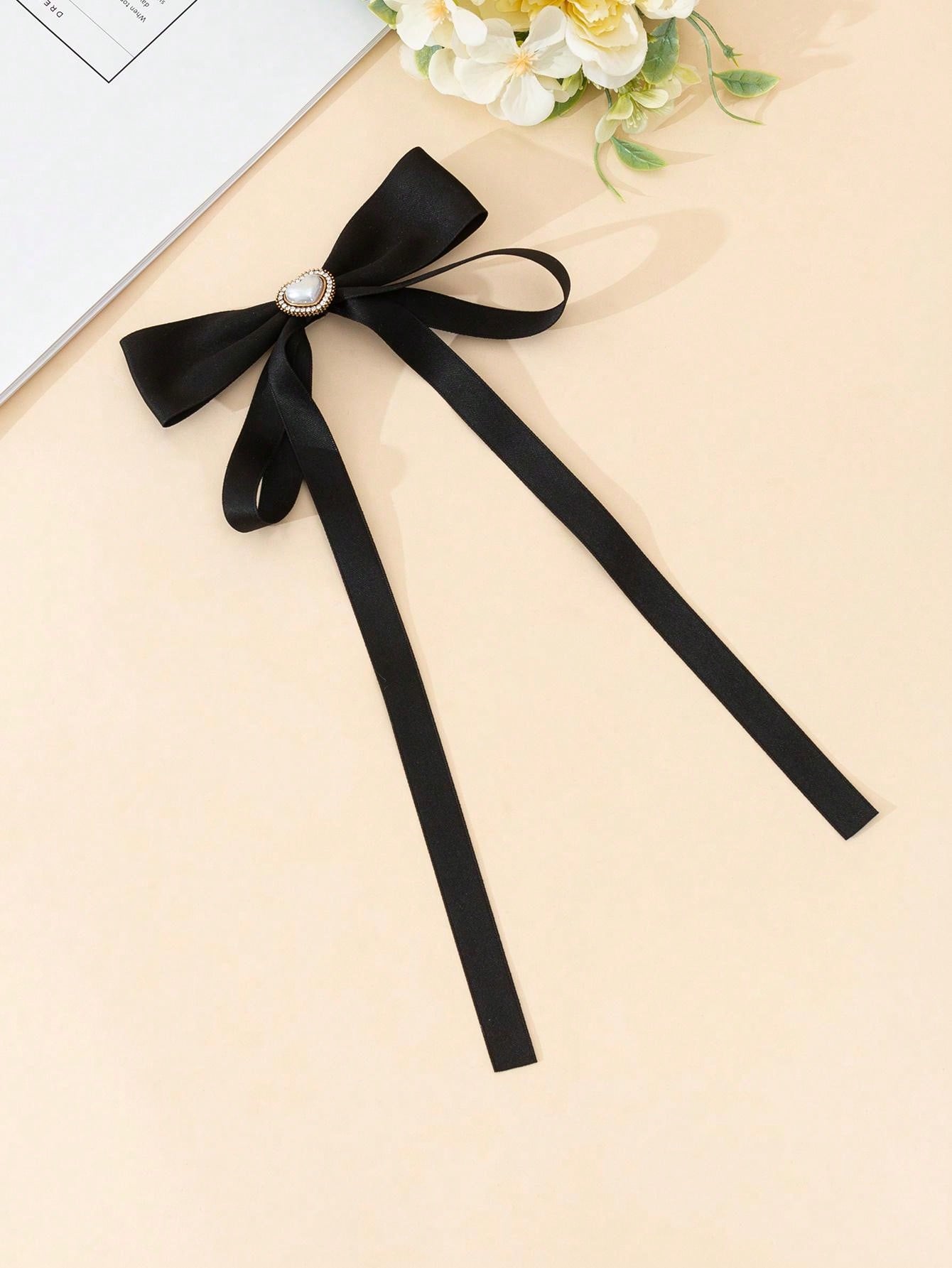 1pc Women's Black Bow Tie & Heart Shaped Long Ribbon Sweet Fashion ...