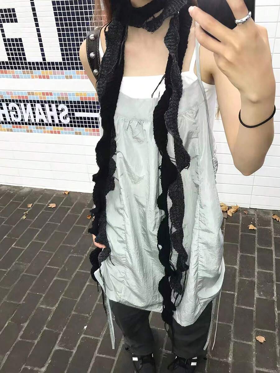 1pc Handmade Fringe Knitted Scarf With Ruffled Edge And Y2k Style Black ...