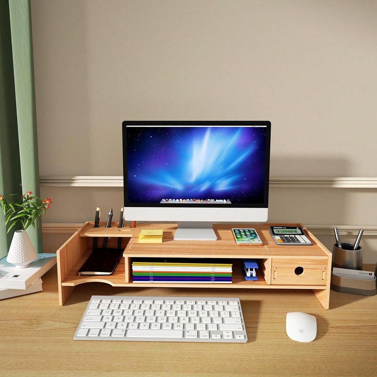 Brown Desk Organizer Bookshelf Computer Monitor Riser, Office Storage ...