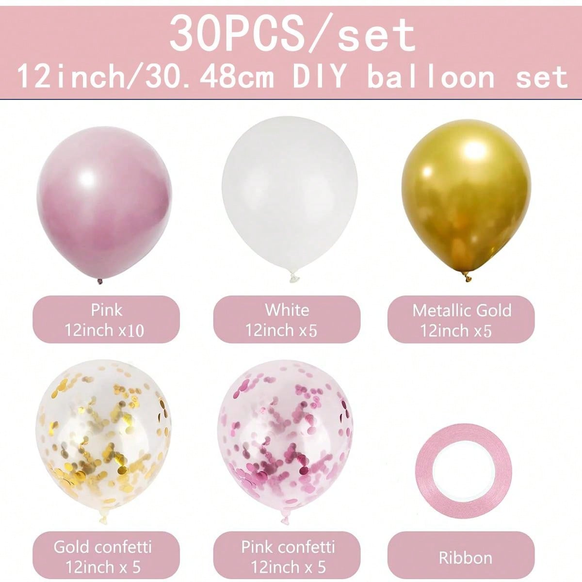 30/65pcs 12 inch Pink Gold Confetti Balloons Kit, Pink White Gold Party ...