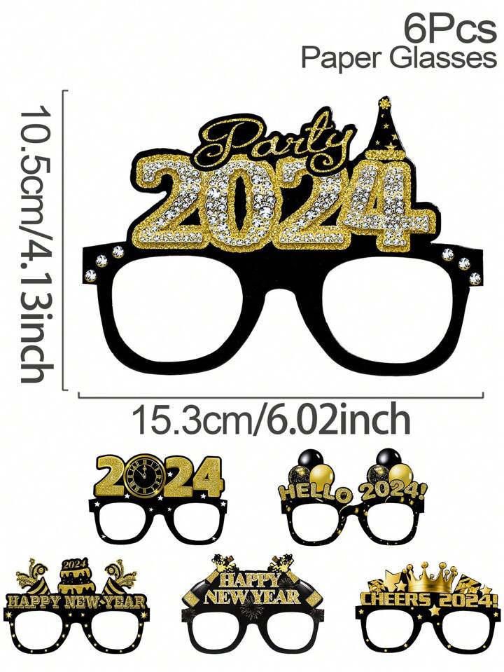 6 Pcs Happy New Year 2024 Party Decor Paper Glasses, 2024 Gold Glitter ...