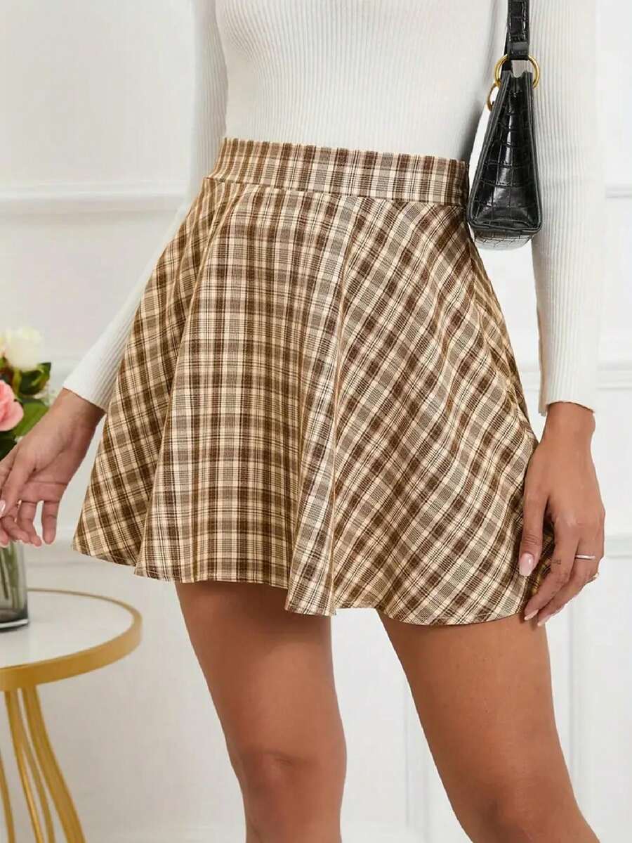 Plaid Print Short Skater Skirt Kpop Style Casual High Waist Skirt ...