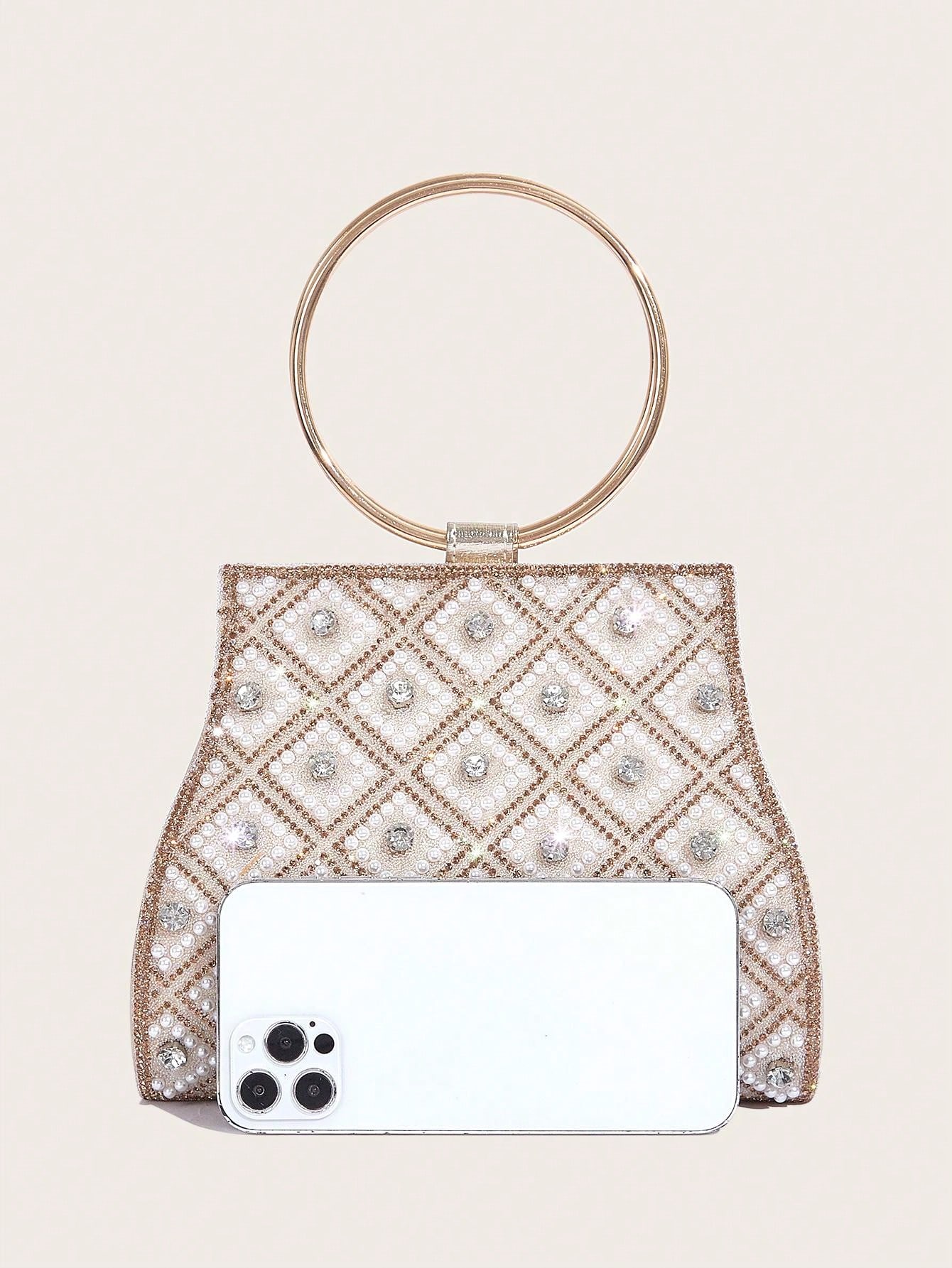 Fashion Show Diamond & Pearl Wrist Evening Bag With Metal Chain Strap ...