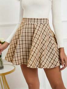 Plaid Print Short Skater Skirt Kpop Style Casual High Waist Skirt ...