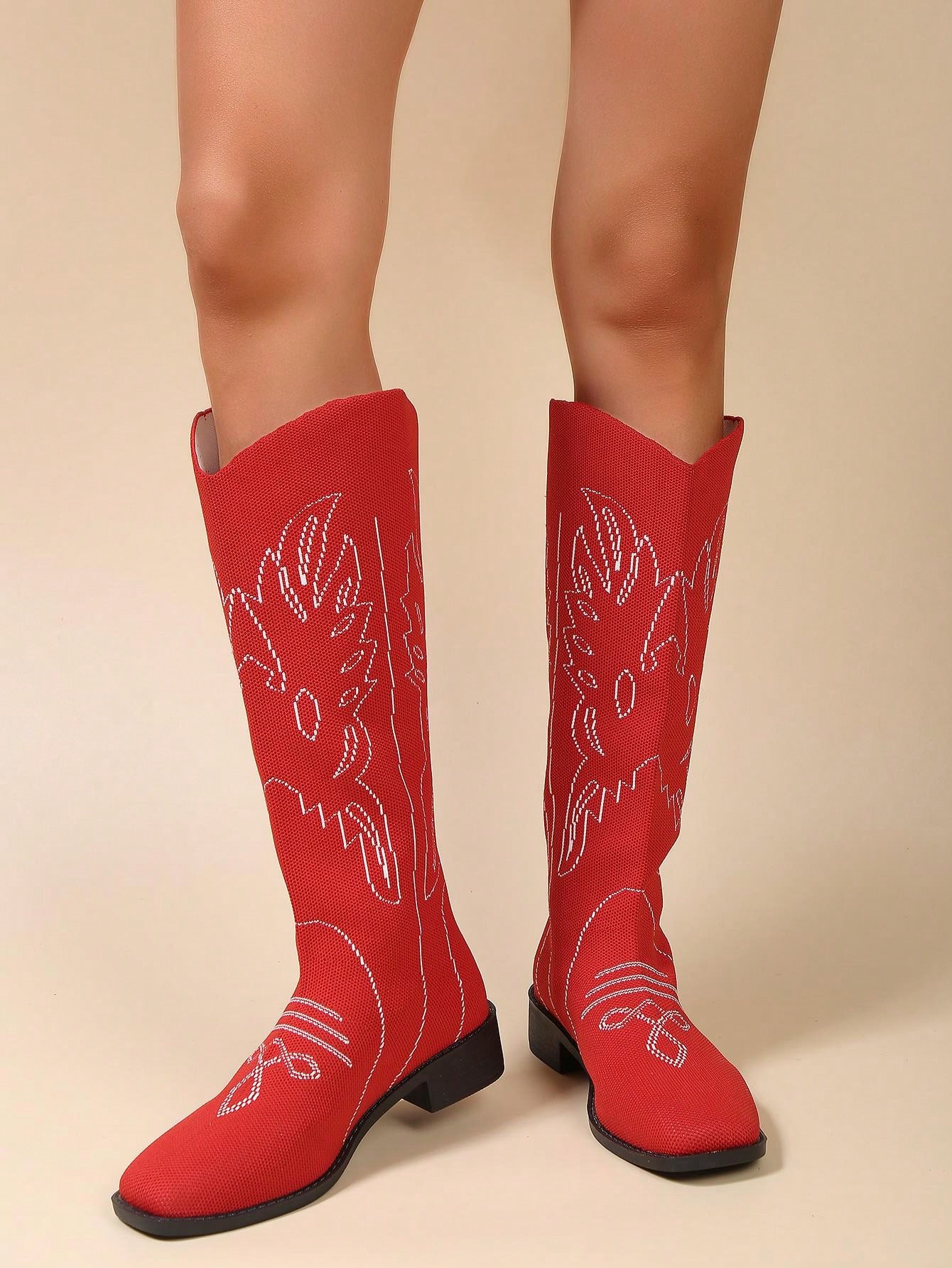 New Knit Fashion Embroidered Fabric Square Toe Chunky Heel Women's Wide ...