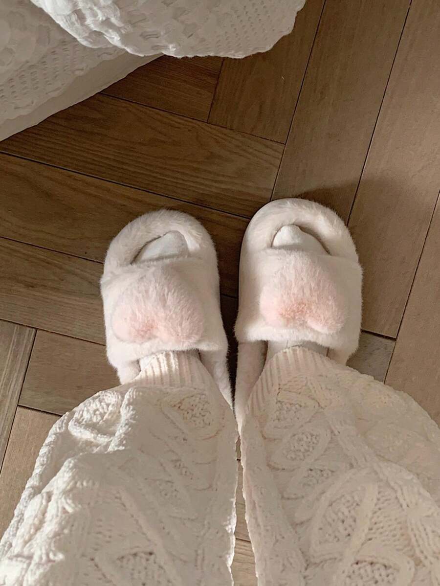 Preppy Bedroom Slippers For Women, Fluffy Heart Decor Home Slippers ...