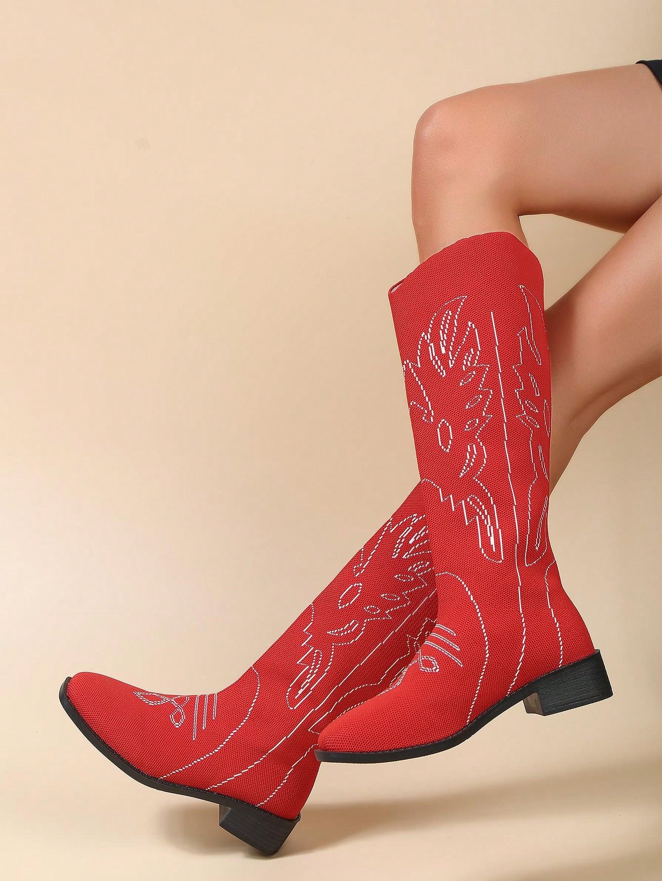 New Knit Fashion Embroidered Fabric Square Toe Chunky Heel Women's Wide ...