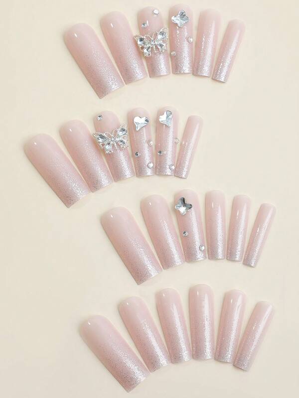 24 PCS Long square press on nails with Sliver Giant butterfly luxury ...