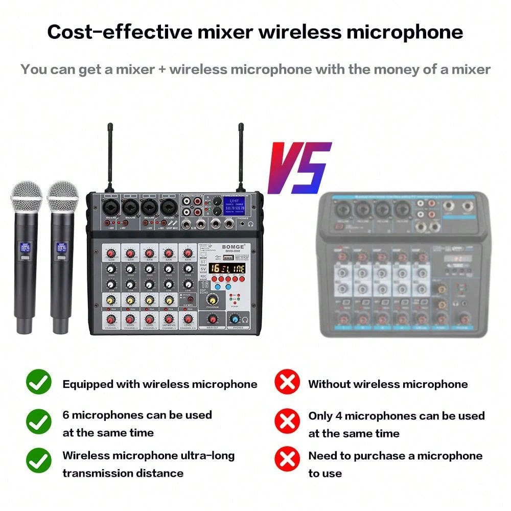 Consola Mezcladora Bomge 06e Uhf De Micrófono Inalámabrico De Doble Canal Con Usb Bt Rec Dj ...