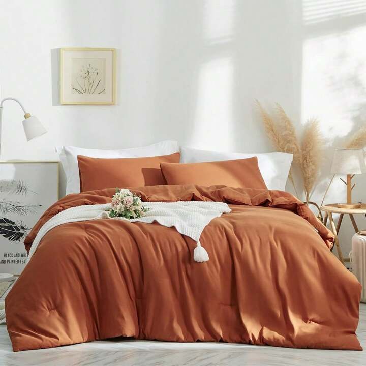 Burnt Orange Comforter Set Queen Size Rust Terracotta Pumpkin Solid Color Bedding Sets 3 Pieces Soft Microfiber Boho Farmhouse Comforters Set Gifts