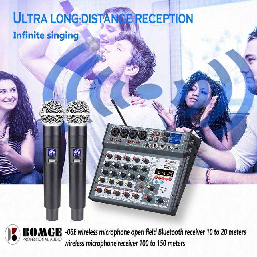 Bomge 06e Uhf Dual Channel Wireless Microphone Usb Bt Rec Dj Control Mixer Console, 6 Channel ...