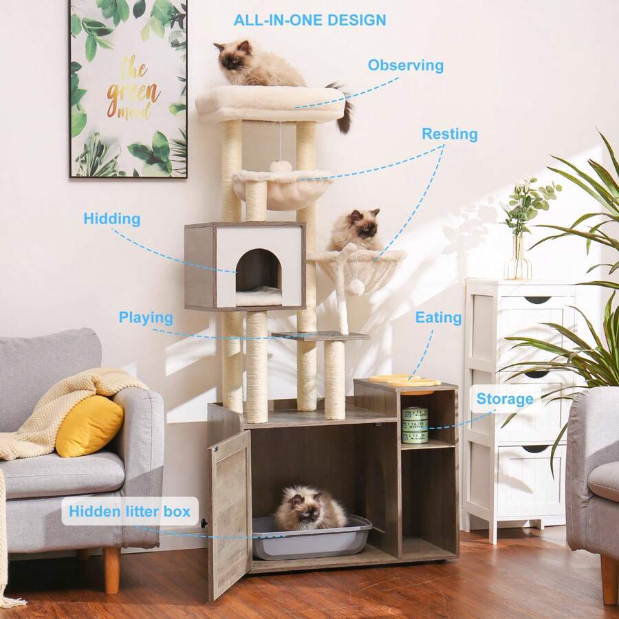 Cat Tree with Litter Box Enclosure, Modern Cat Tower for Indoor Cats ...