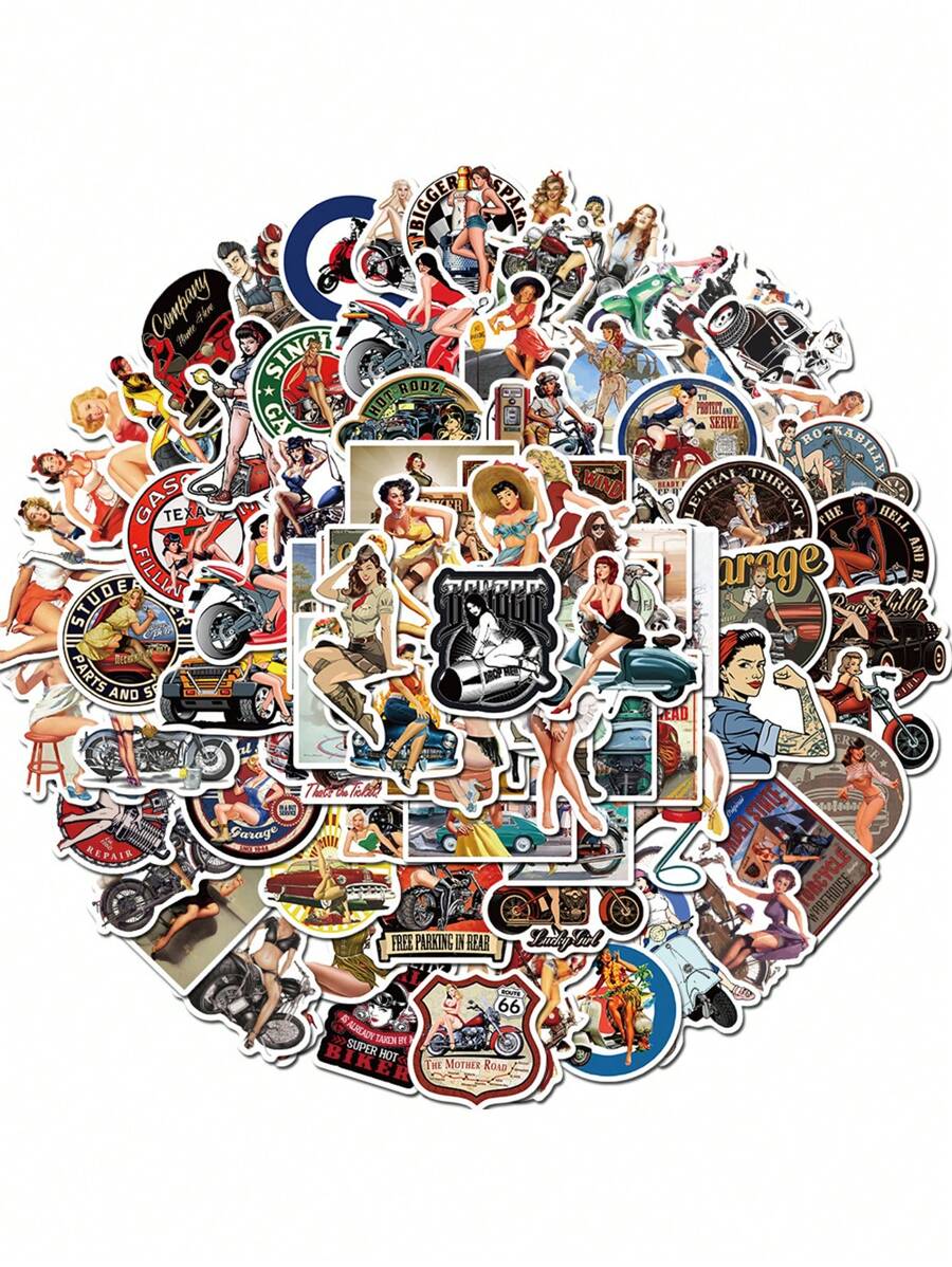 100pcs Motorcycle Retro Pin-up Girl Graffiti Stickers For Mobile Phone ...