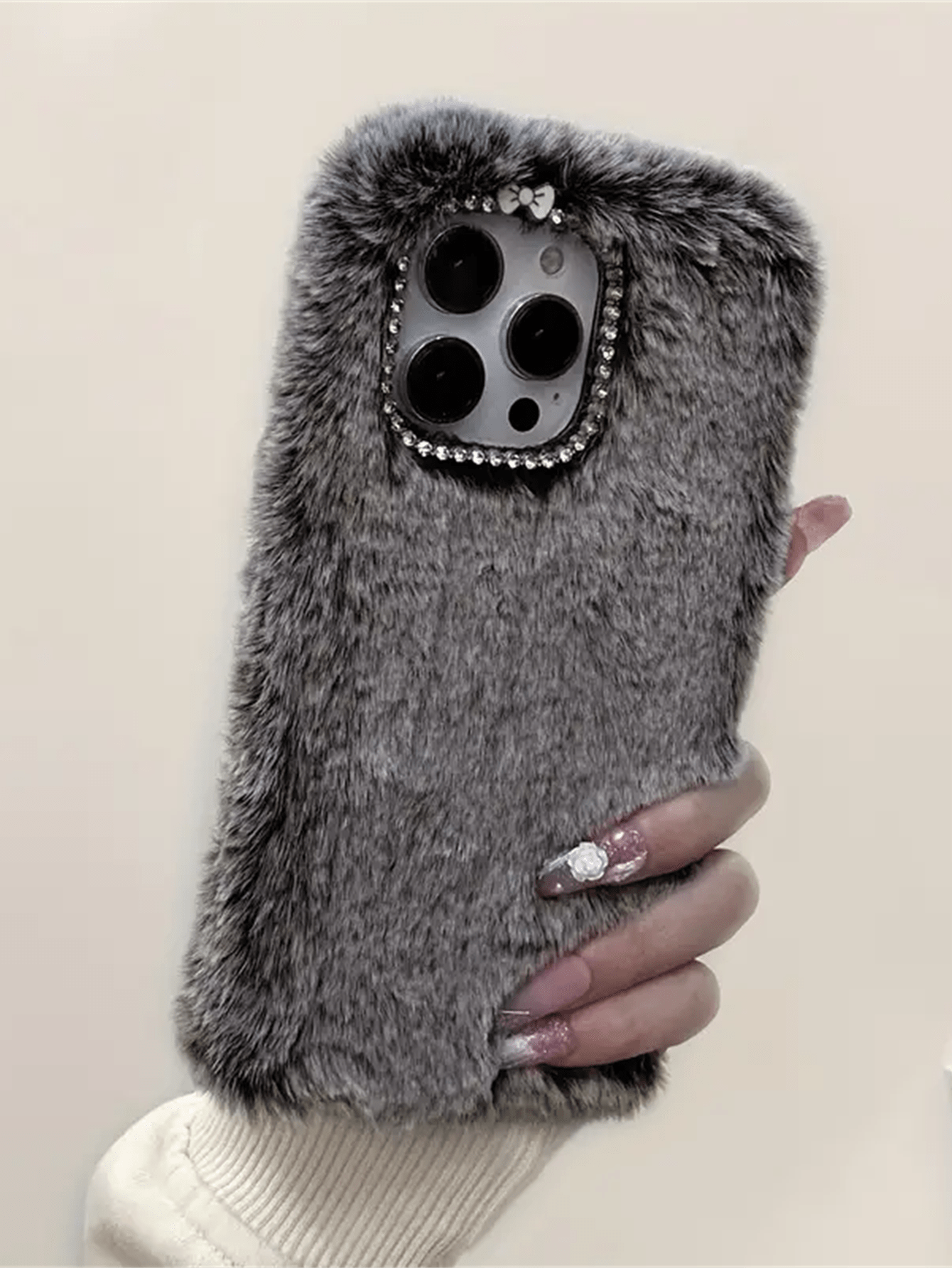 1PCS Black Bling Crystal Diamond Plush Furry Phone Case For iPhone 15 ...