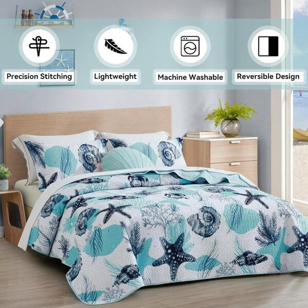 3 Piece Coastal Quilt Sets King Size - Reversible Microfiber Quilts ...
