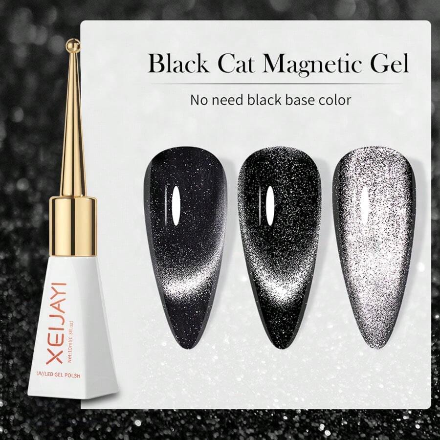 XEIJAYI ネイルポリッシュ 10ml 猫目石 マグネット ジェルネイル ブラック クリスタル キラキラグリッター セミパーマネント ...