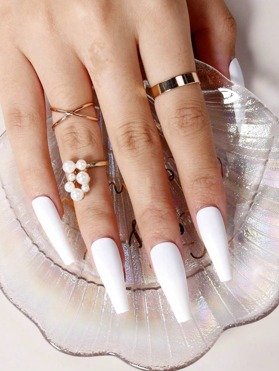 100pcs Pure White False Nails In Super Long Truncated Coffin Shape For ...