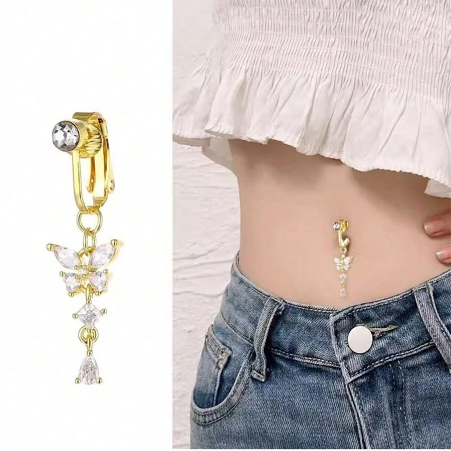 1pc Fake Piercing Navel Belly Ring Butterfly Design For Women's Jewelry ...