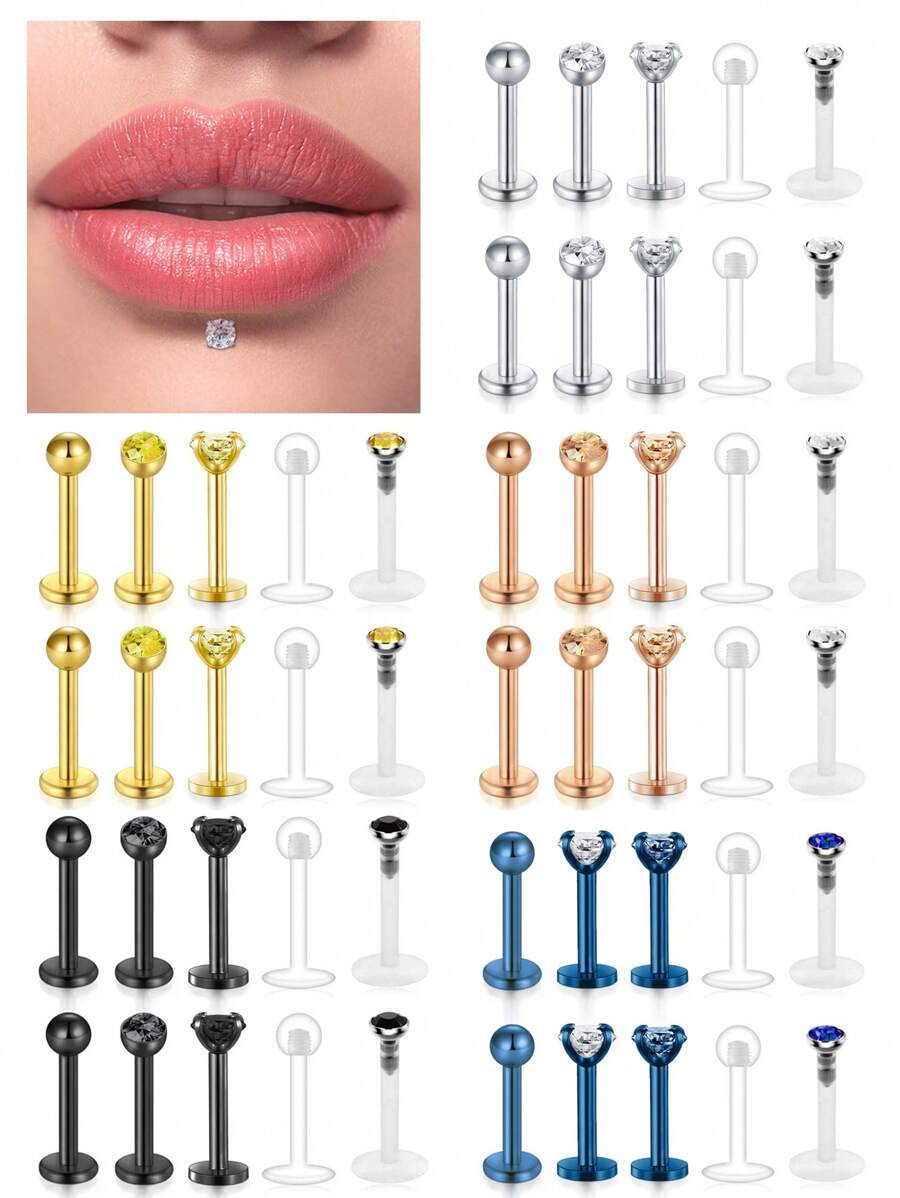 CIZME 10PCS/Set Labret Barbell Bar Length 6-10mm 16G 2.5mm 3mm 4mm Top ...