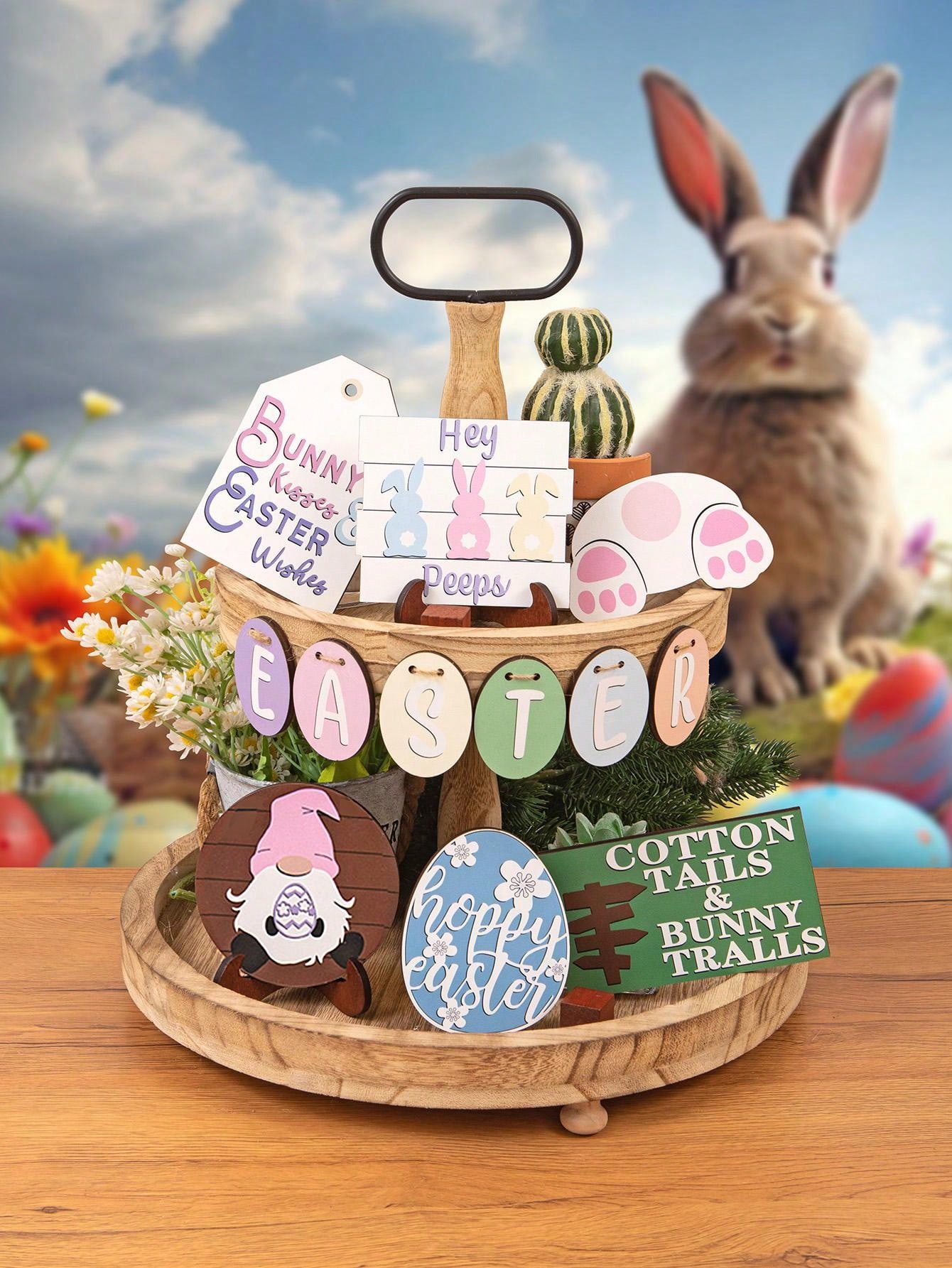 Conjunto De Decoración De Exhibición De Madera De Conejito De Pascua Y ...