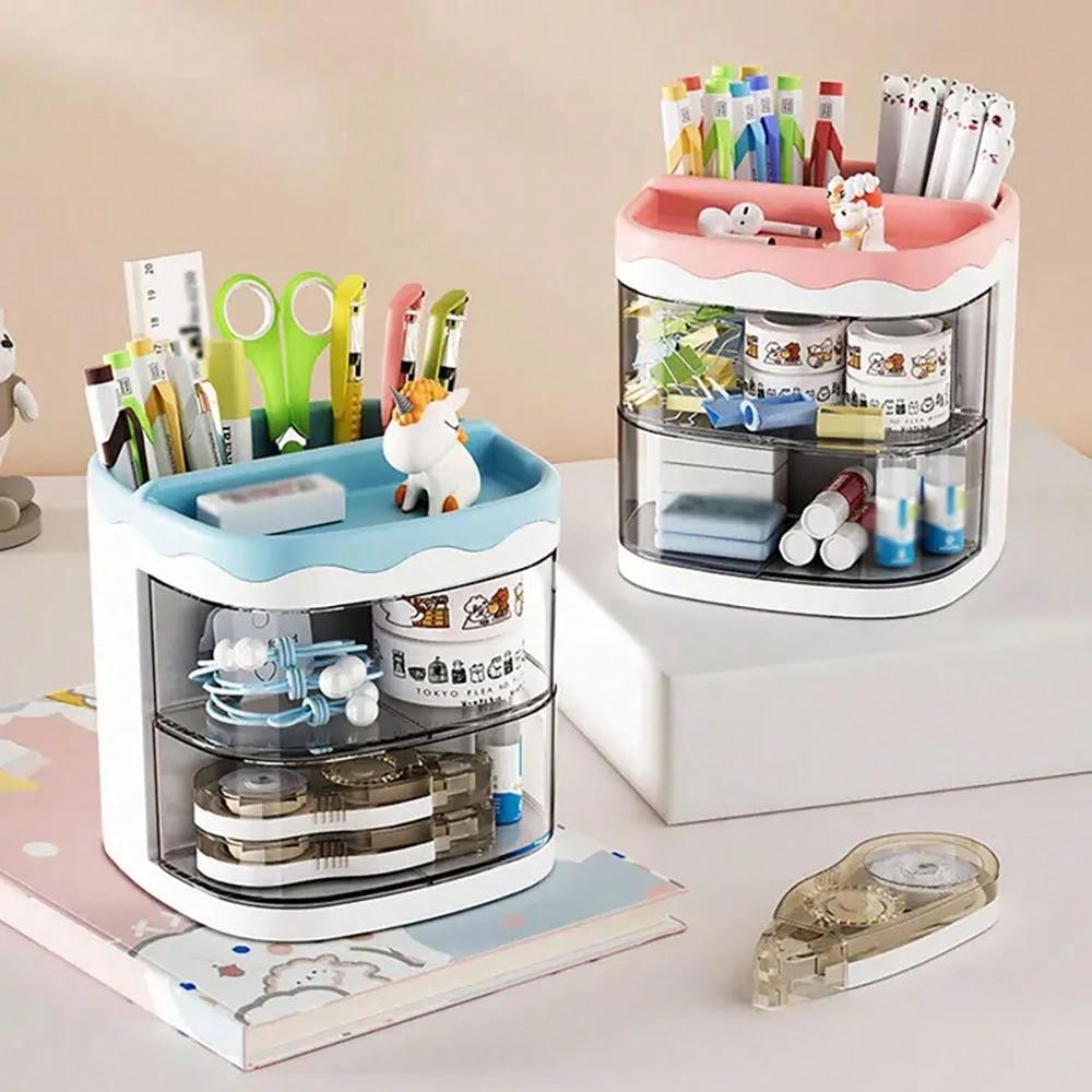 Double-decked rotary pen container office desk top case student desk ...