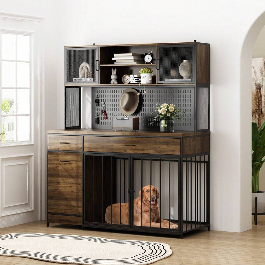 Large Dog Crate Furniture Kitchen Pantry with Storage, Wooden Dog ...