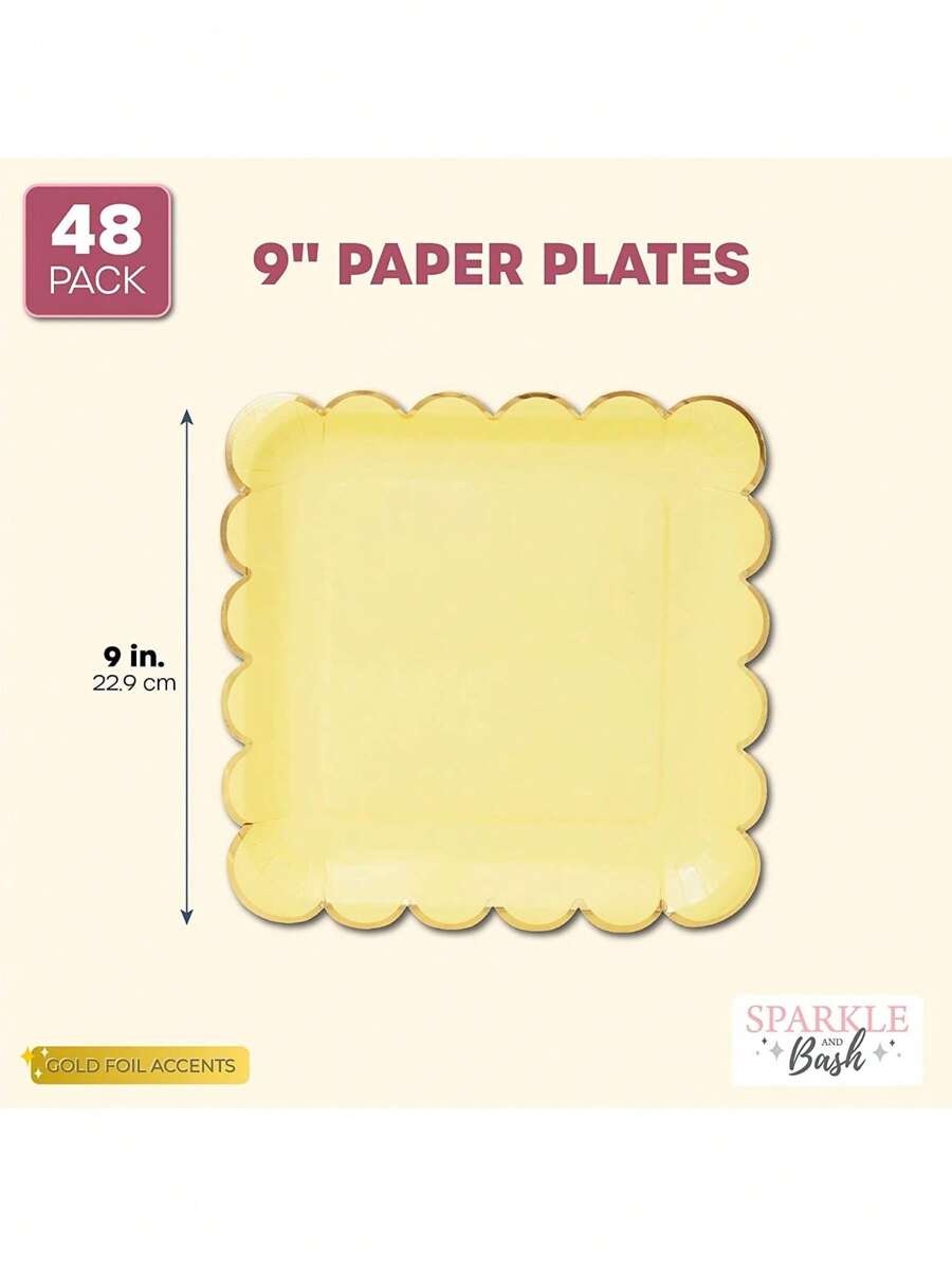 48-Pack Pastel Yellow Square Paper Plates, Gold Foil Scalloped Edge (9 ...