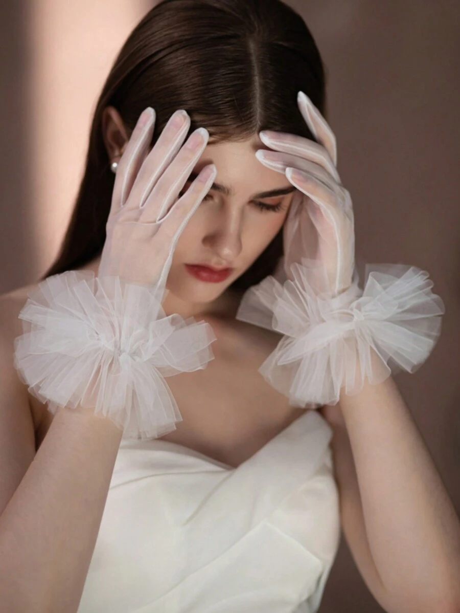 1pair Women's Pleated Gloves, White Mesh See-through Clown Cuff Puffy ...