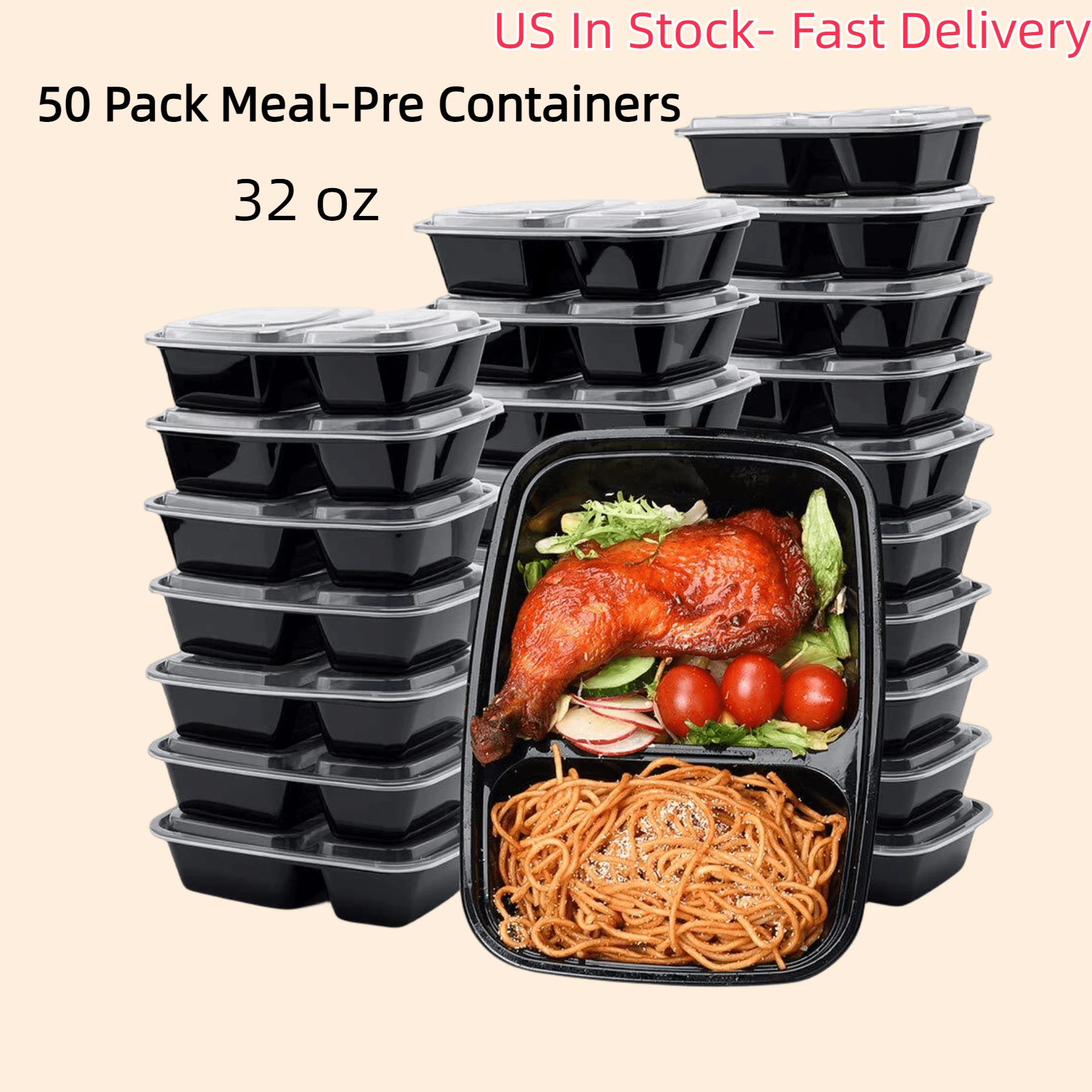 50 Packs 32 OZ Meal Prep Containers Reusable, 2 Compartment Food ...