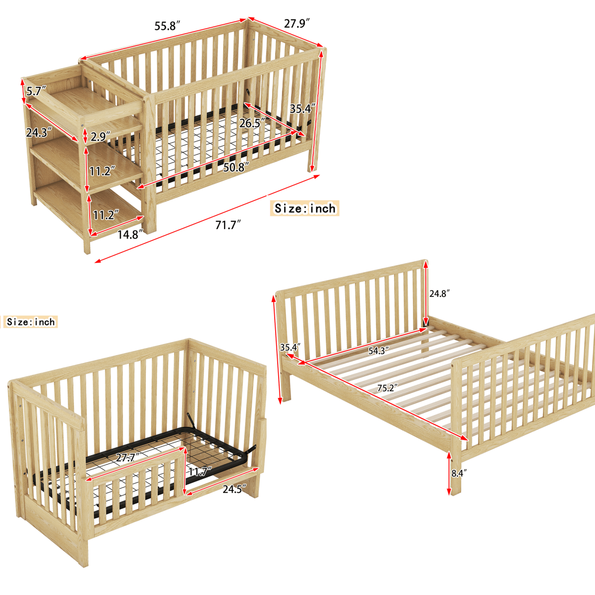 Convertible Crib/Full Size Wood Bed, Wood Storage Daybed with ...